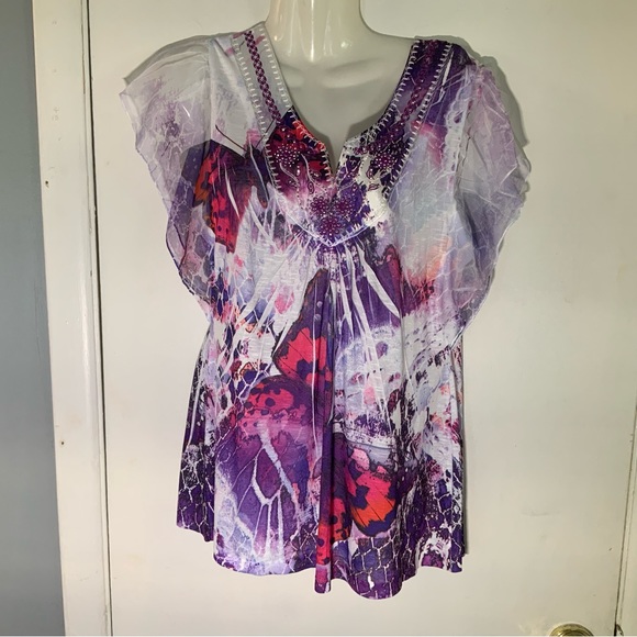 ONE WORLD | Tops | One World Energy Butterfly Glitzy Yoke Front Top Sz ...